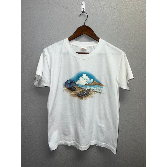 Vintage | Shirts | Vintage Beach Shirt Scene Graphic Volcano White Tee ...